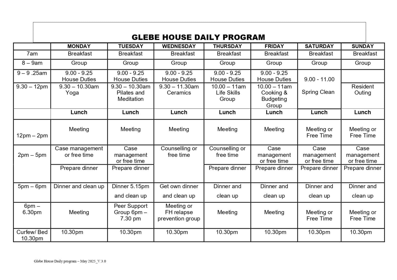 Timetable - Glebe House